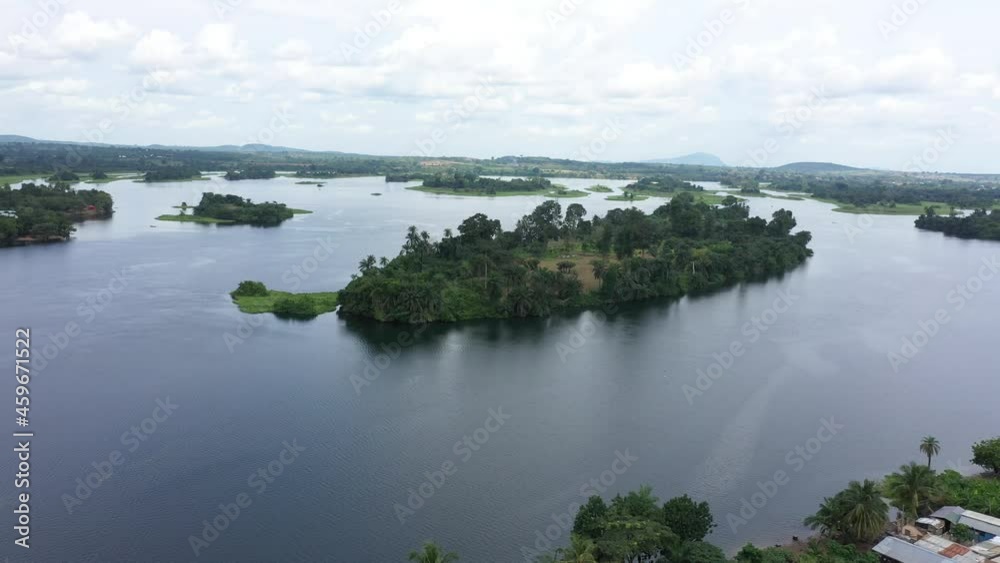 Stockvideo Aerial Adome village Volta river island Ghana Africa. Main ...