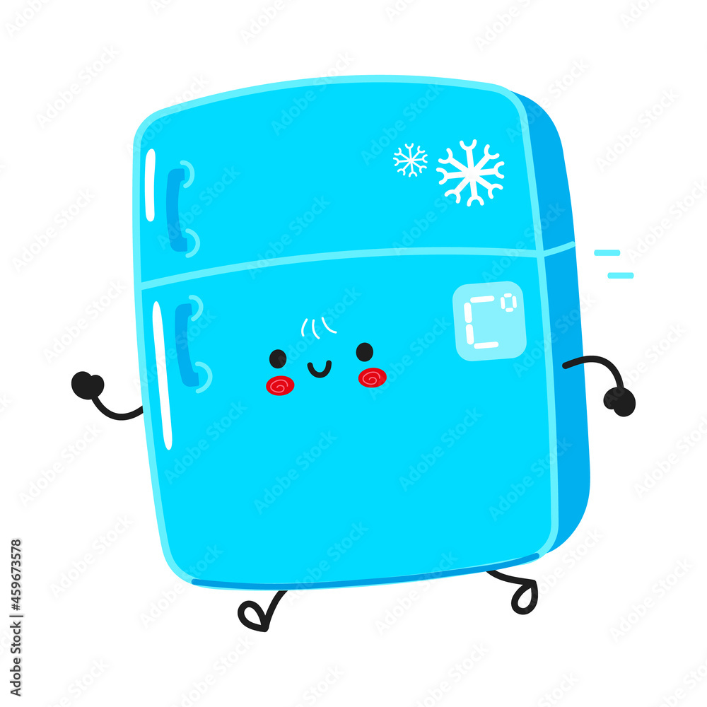 Cute funny running fridge. Vector hand drawn cartoon kawaii character ...