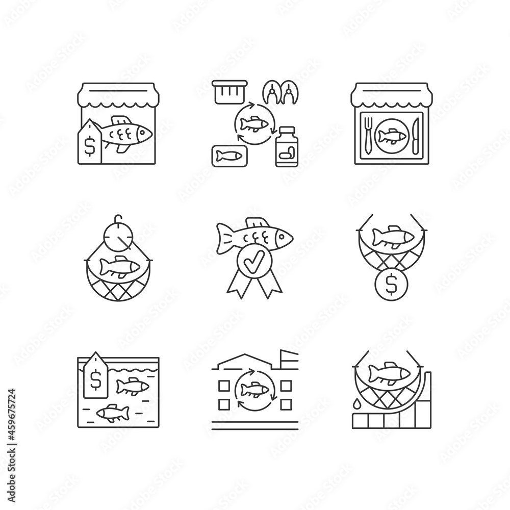 Commercial fishery linear icons set. Seafood restaurant and market ...