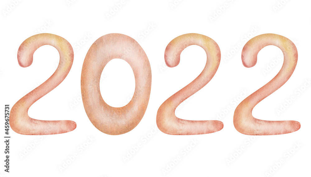 Watercolor illustration hand painted numbers 2022 in orange, yellow ...