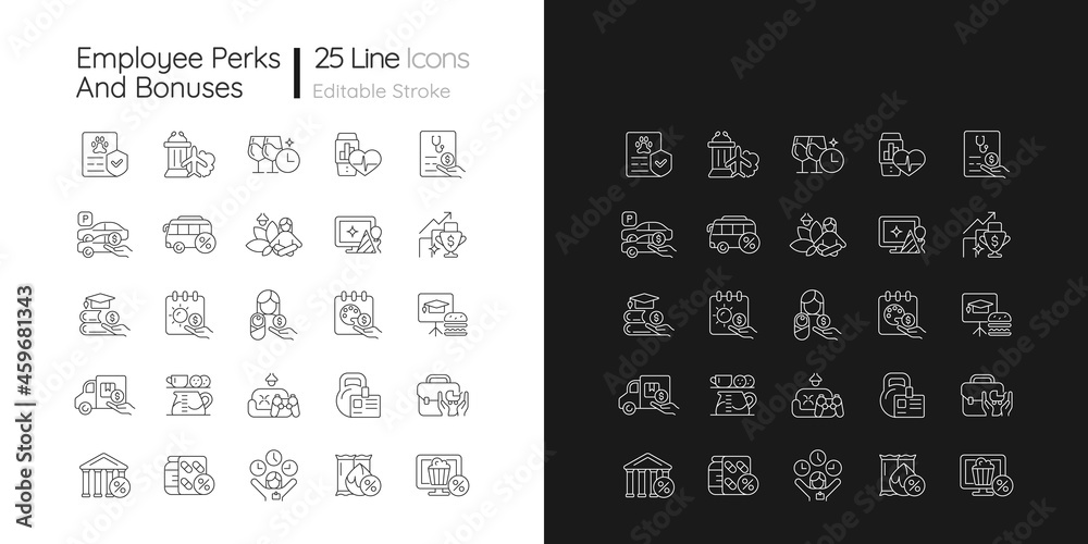 Employee perks and bonuses linear icons set for dark and light mode ...