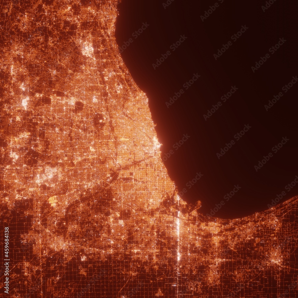 Chicago city lights map, top view from space. Aerial view on night ...