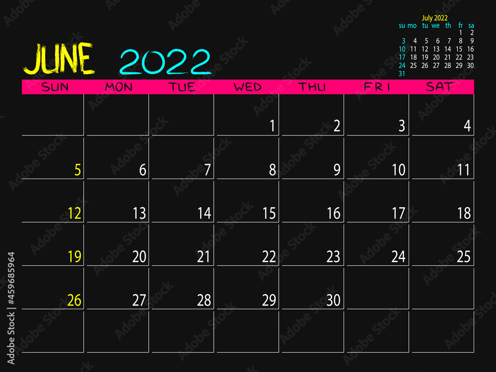 Calendar 2022 year. June 2022 planner. Desctop calendar design. Month ...