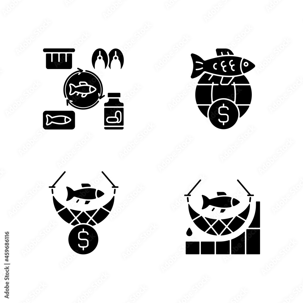 Fish product producing and trade black glyph icons set on white space ...