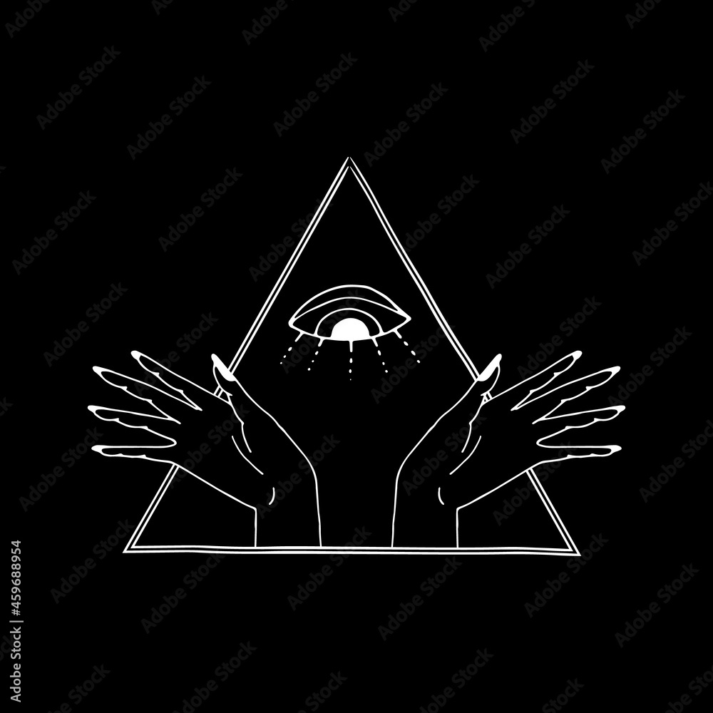 Vintage Mystic Eye and female hands inside triangle. Eye symbol and ...