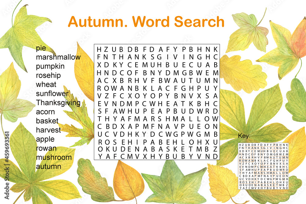 Fall seasonal crossword word search puzzle, autumn watercolor ...