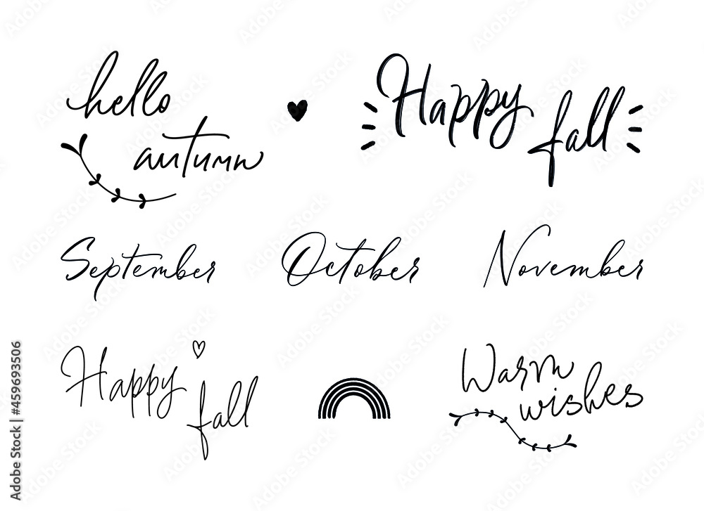 Hello autumn, happy fall, warm whishes. Set of inspirational autumn ...