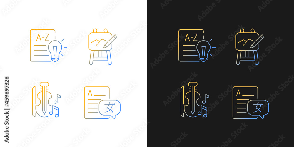 Variety of subjects in school gradient icons set for dark and light ...