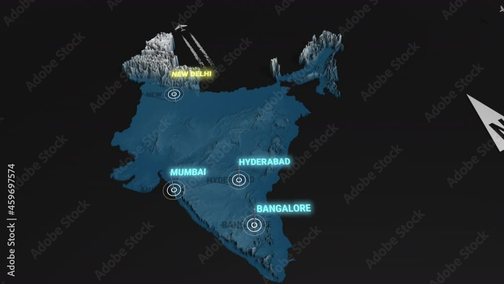 Seamless looping animation of the 3d terrain map at nighttime of India ...