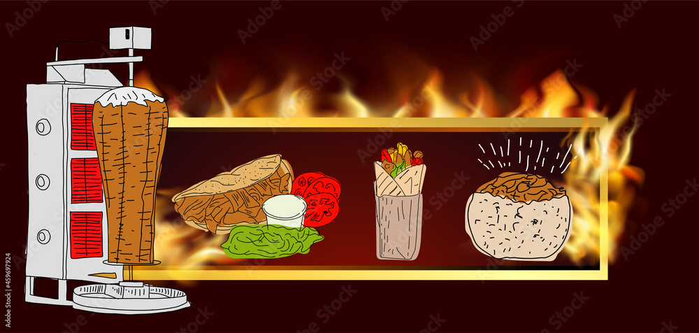 Shawarma cooking and ingredients for kebab. Doner kebab hand drawn ...