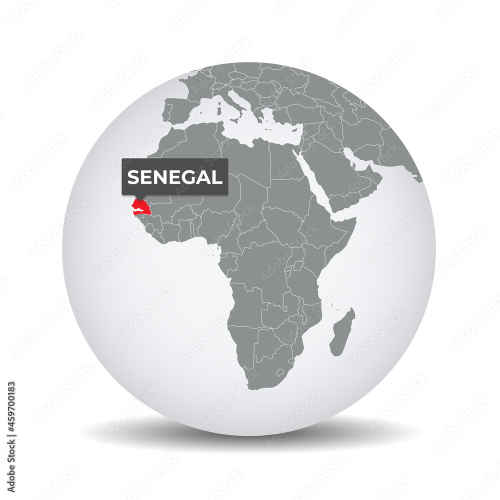 World globe map with the identication of Senegal. Map of Senegal. Senegal on grey political 3D ...
