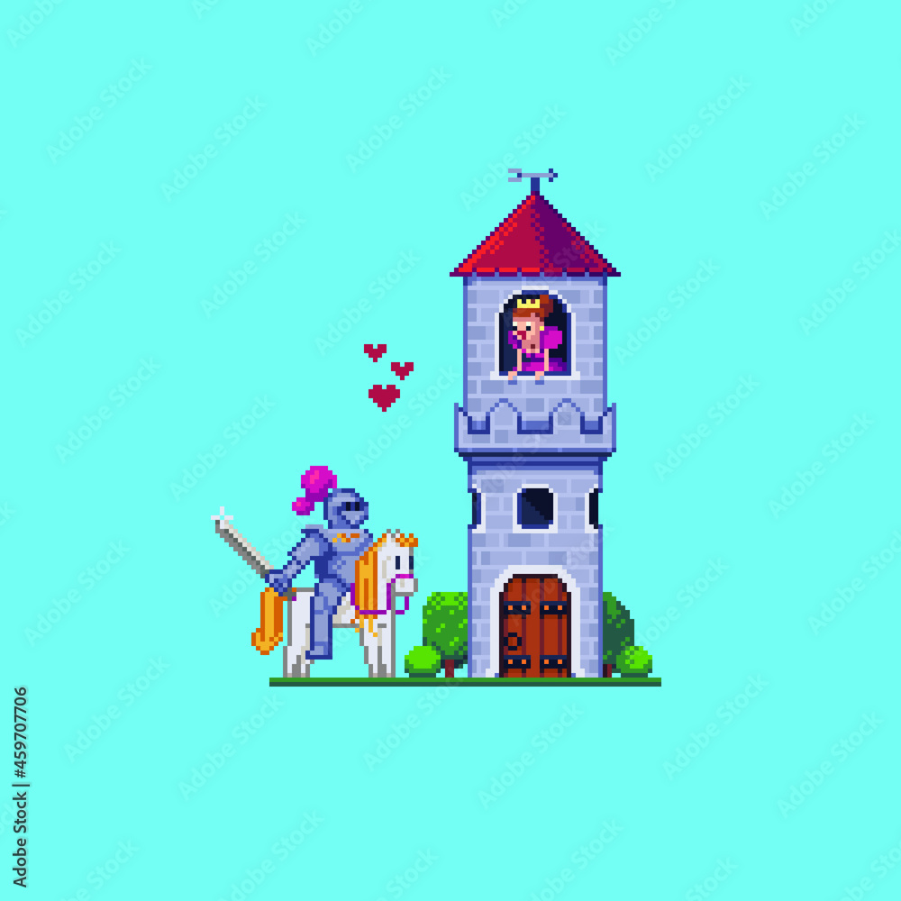 Knight and princess in the tower. Pixel art love story. Vector ...