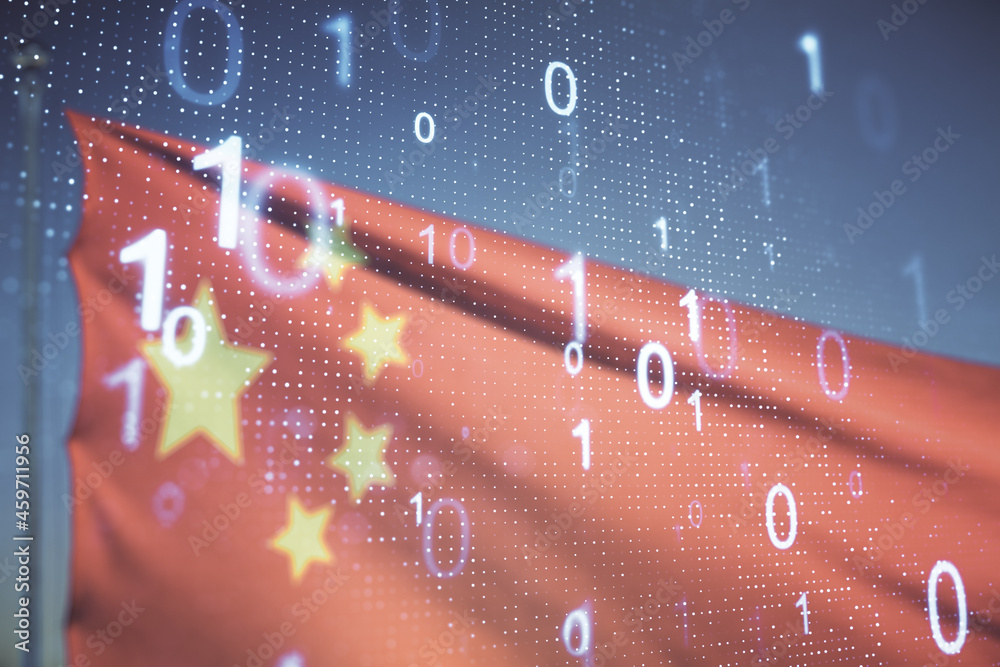 Abstract virtual binary code sketch on flag of China and blue sky ...