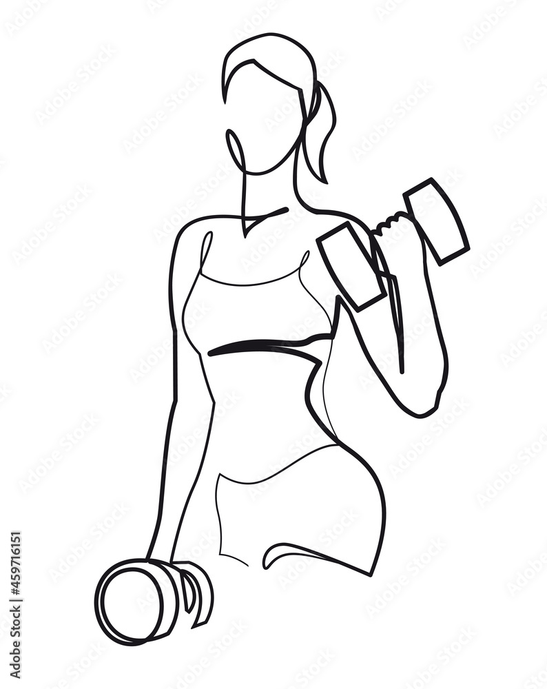 Woman lifting weights continuous one line drawing. Female bodybuilder ...