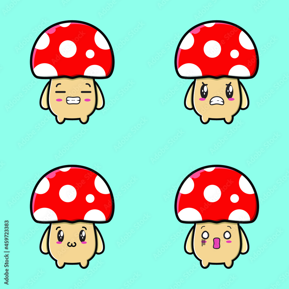 Set Cute mushroom icon face expression. mushroom vector icon on blue ...