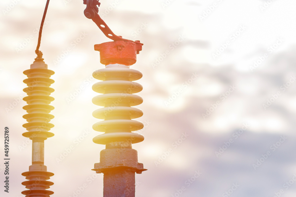 High voltage circuit electric breaker in a power substation.Closeup of ...