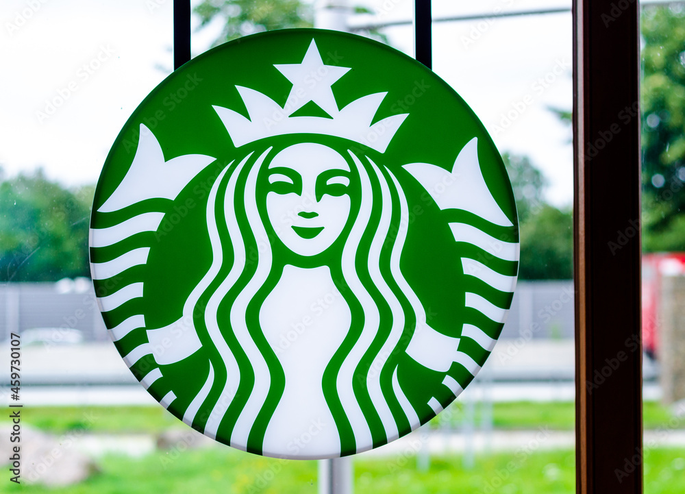 Quickborn, Germany - August 28, 2021: Starbucks logo on the window ...