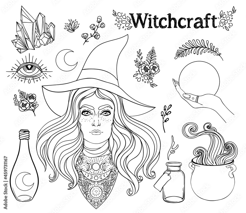 Witchcraft set. Ouija planchette , cauldron, crystal ball, poison ...