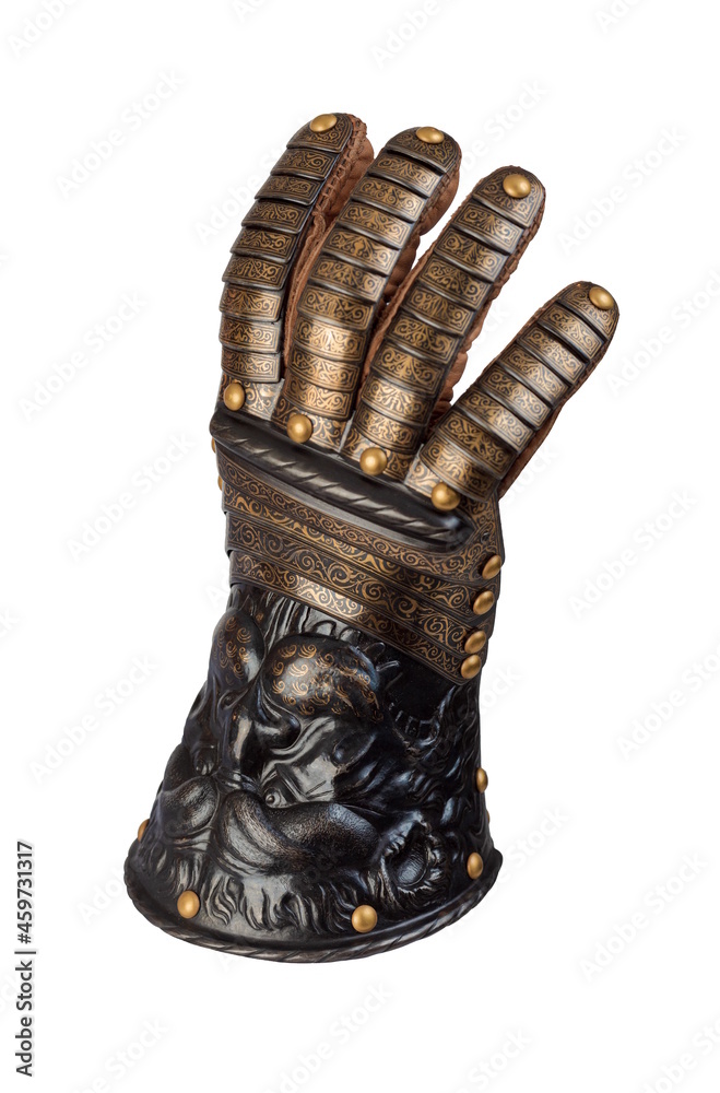 Medieval knightly brown plate gauntlet from Italian armor, in the form ...