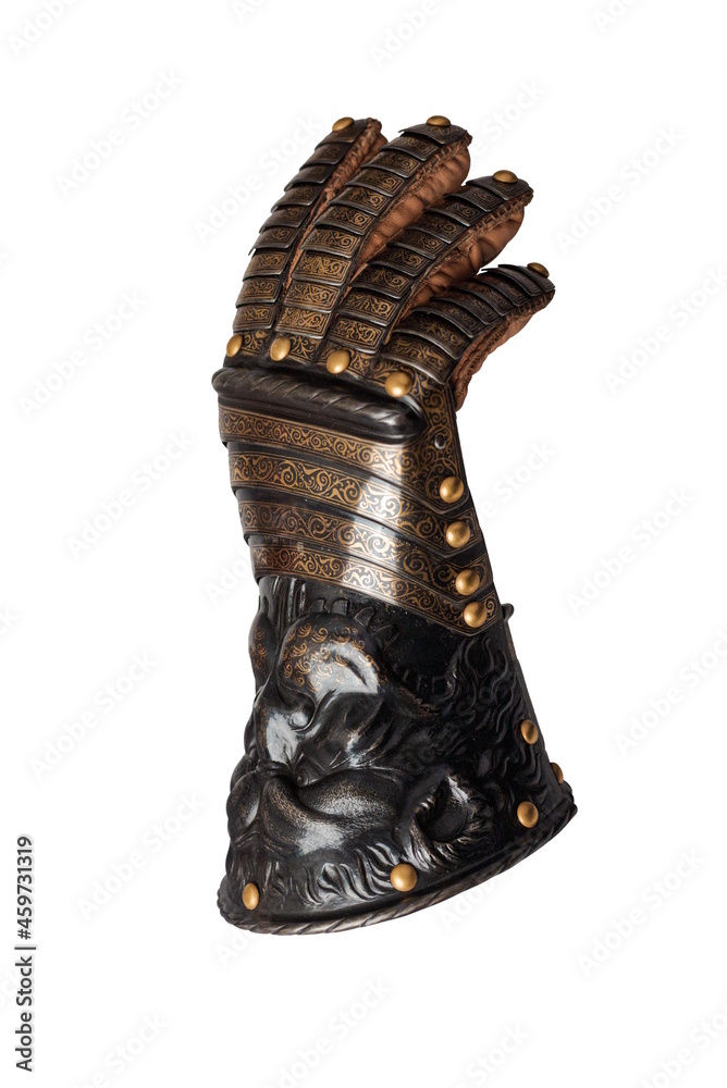 Medieval knightly brown plate gauntlet from Italian armor, in the form ...