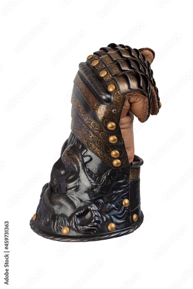 Medieval knightly brown plate gauntlet from Italian armor, in the form ...