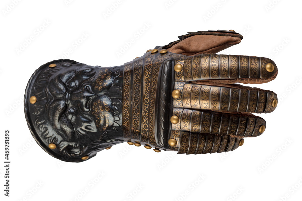 Medieval knightly brown plate gauntlet from Italian armor, in the form ...