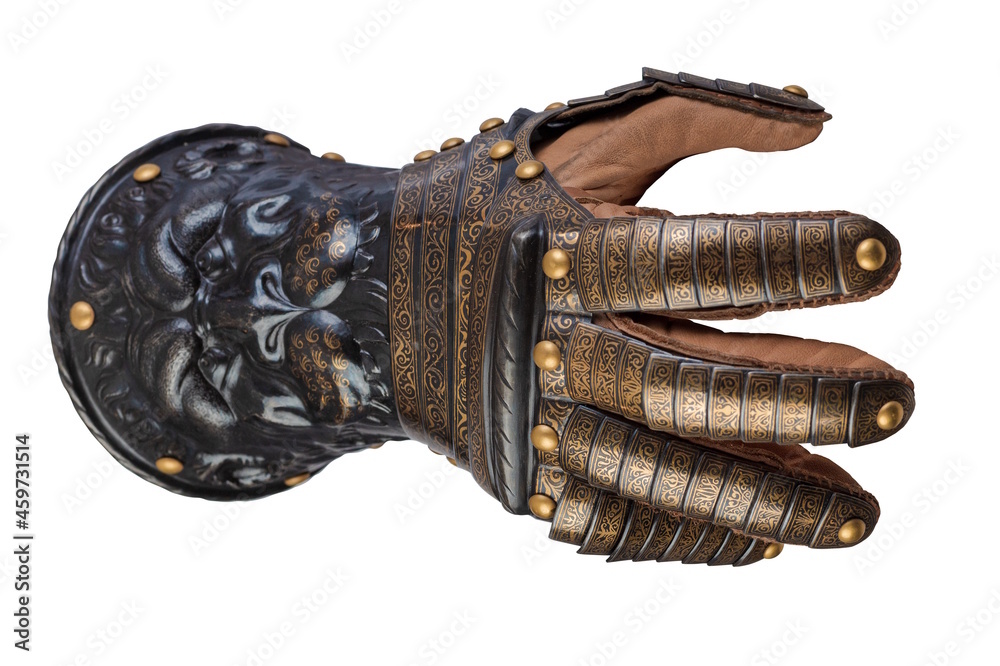 Medieval knightly brown plate gauntlet from Italian armor, in the form ...