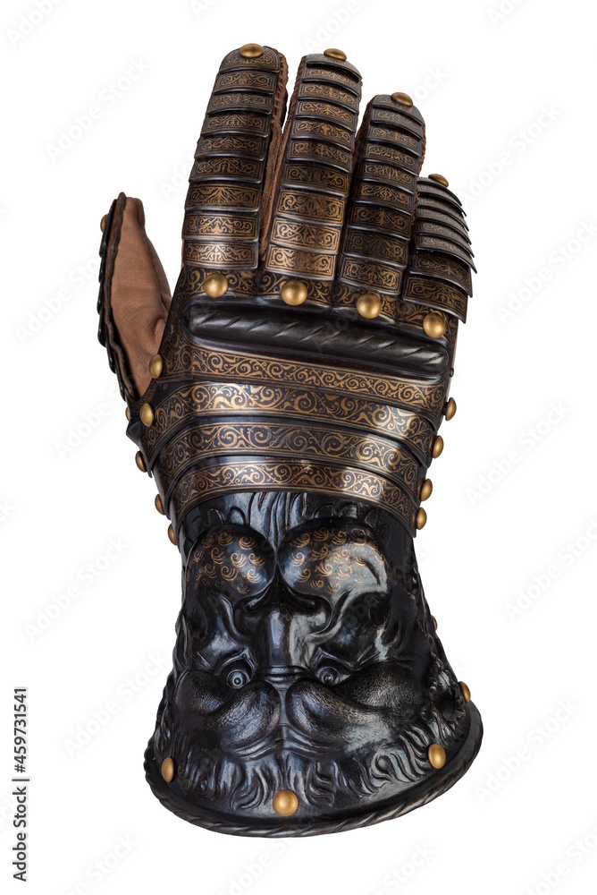 Medieval knightly brown plate gauntlet from Italian armor, in the form ...
