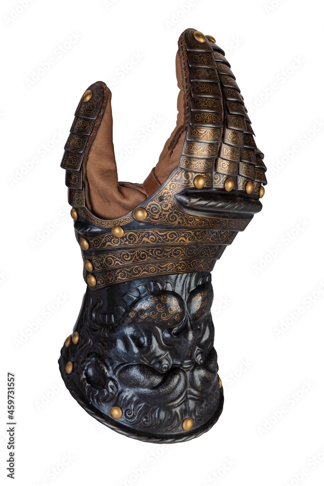 Medieval knightly brown plate gauntlet from Italian armor, in the form ...
