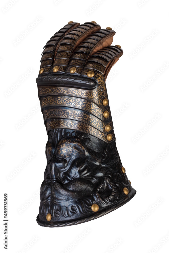 Medieval knightly brown plate gauntlet from Italian armor, in the form ...