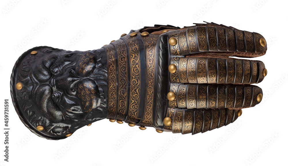 Medieval knightly brown plate gauntlet from Italian armor, in the form ...