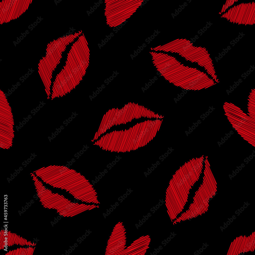 Vector scribbled lip seamless pattern background. High contrast red ...
