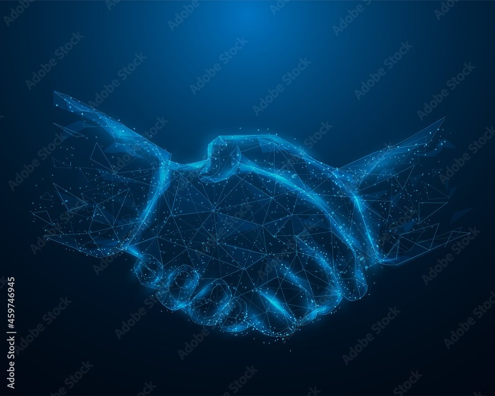 Abstract low poly agreement handshake. isolated on blue dark background ...