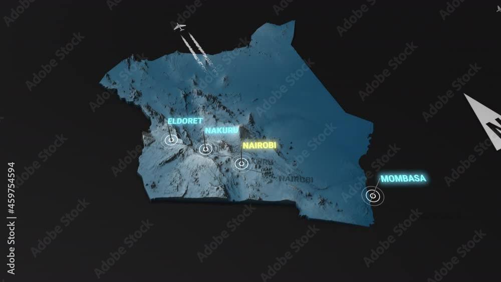 Seamless looping animation of the 3d terrain map at nighttime of Kenya ...