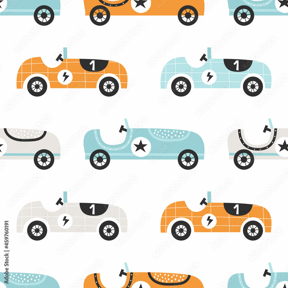 Vector hand-drawn seamless childish pattern with cute retro racing cars ...