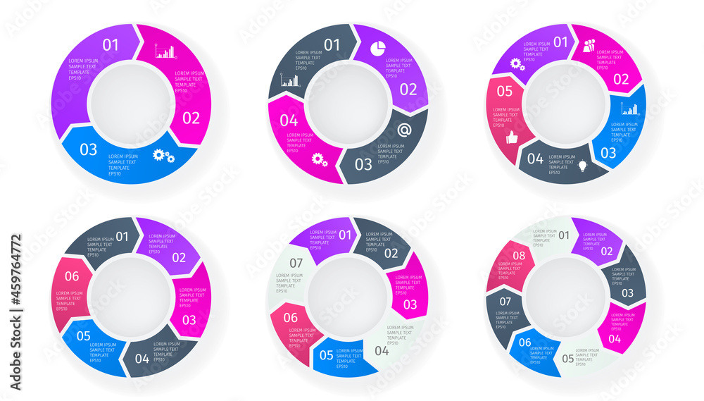 Circle arrows infographic set in modern glowing purple and blue color ...