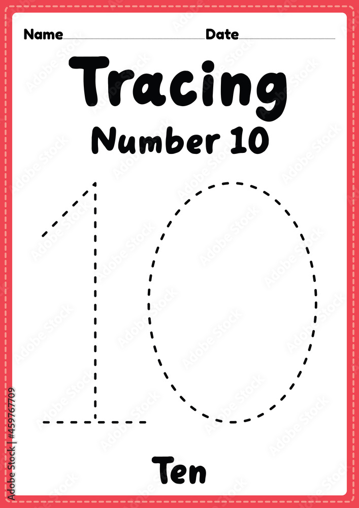 Tracing number 10 worksheet for kindergarten, preschool and Montessori ...