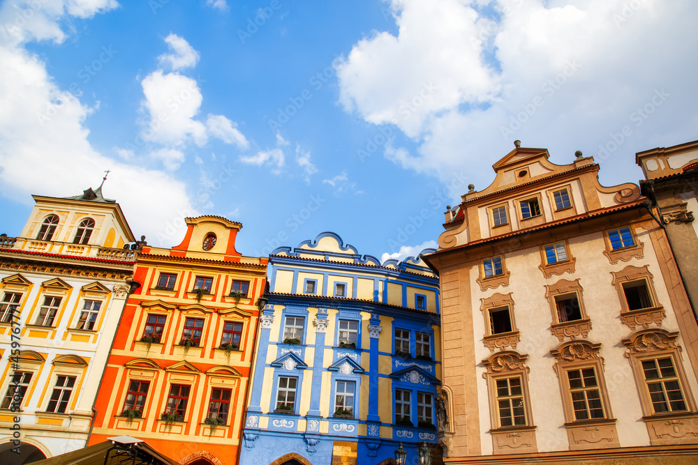 Colorful house facades at market square in Prague, Czech Republic ...