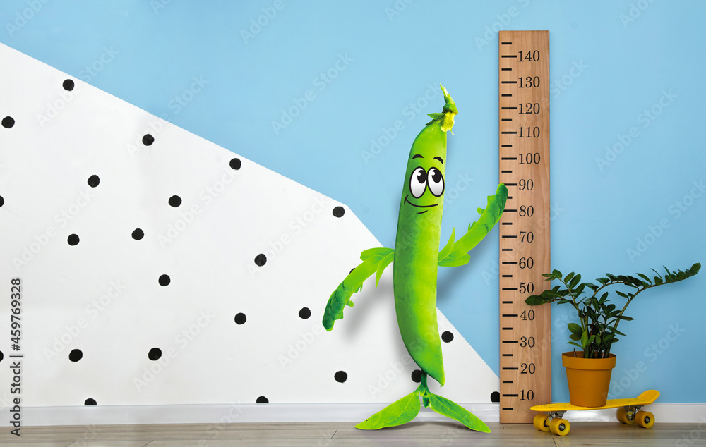 Measuring green beans. Wall ruler. Photo manipulation. Cartoon fresh ...