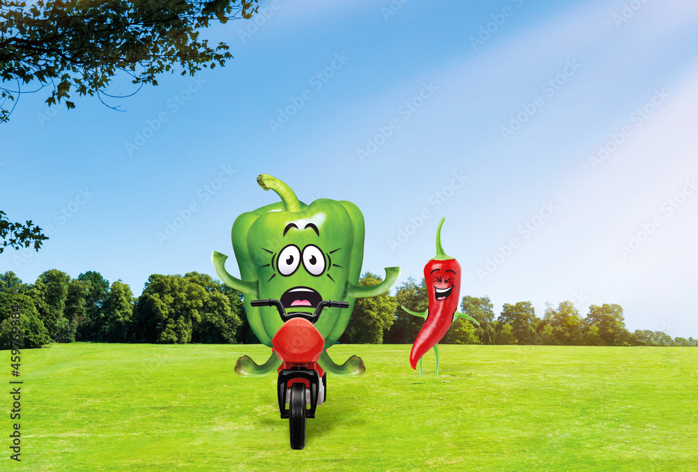 Green pepper rides a bike. Pepper laughs. Fun activities. Photo ...
