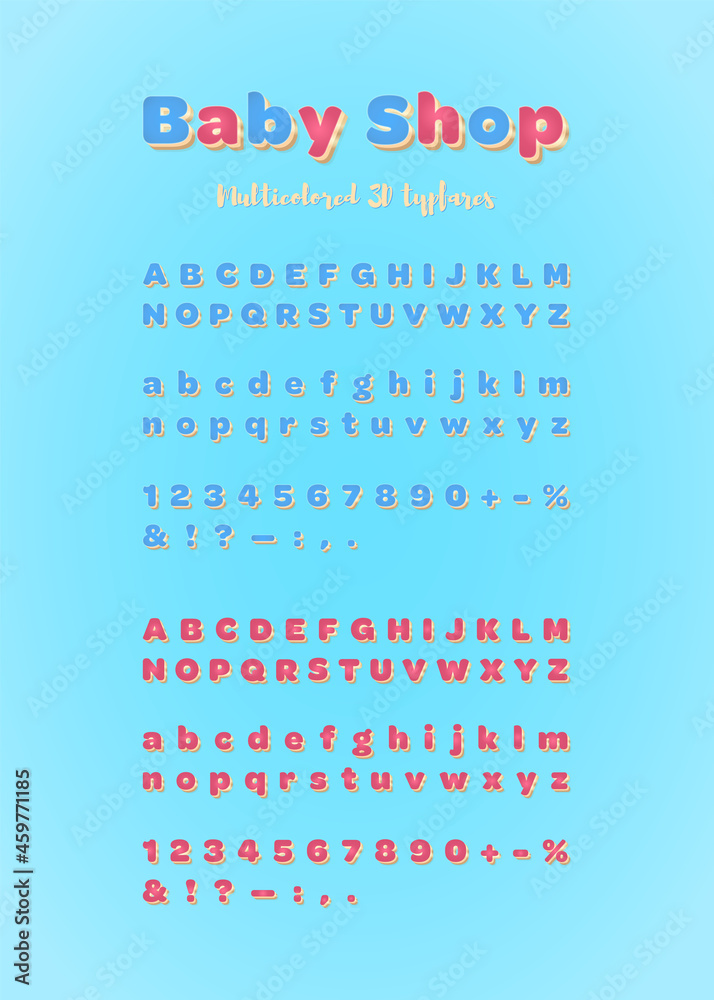 Baby shop. Multi-colored 3D typeface for children. Uppercase and ...