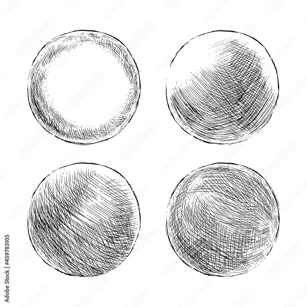 Hand drawn shaded spheres. Simple black pen and ink doodle sketches of ...