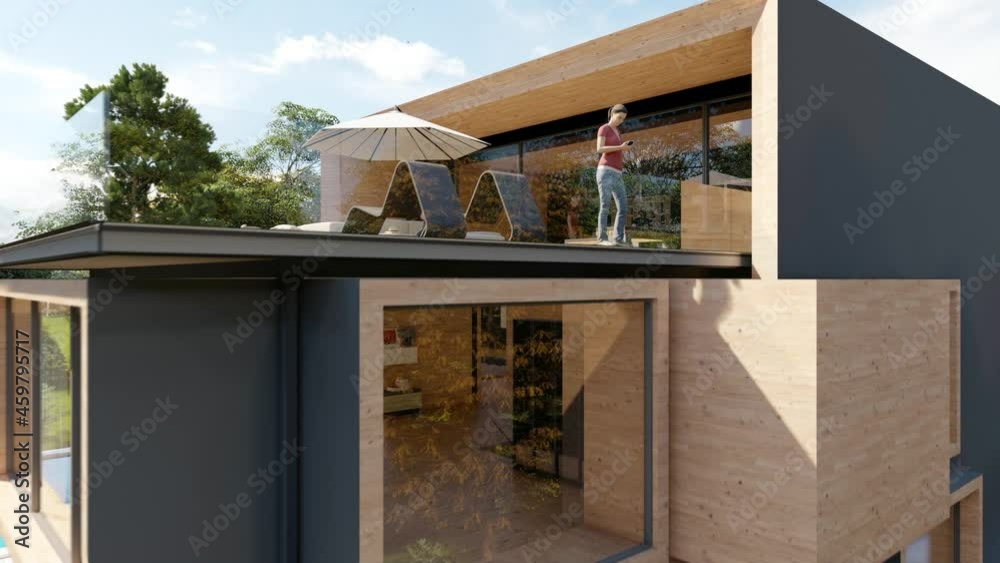 Modern large wooden mansion with roof terrace, pool and garden Stock ...