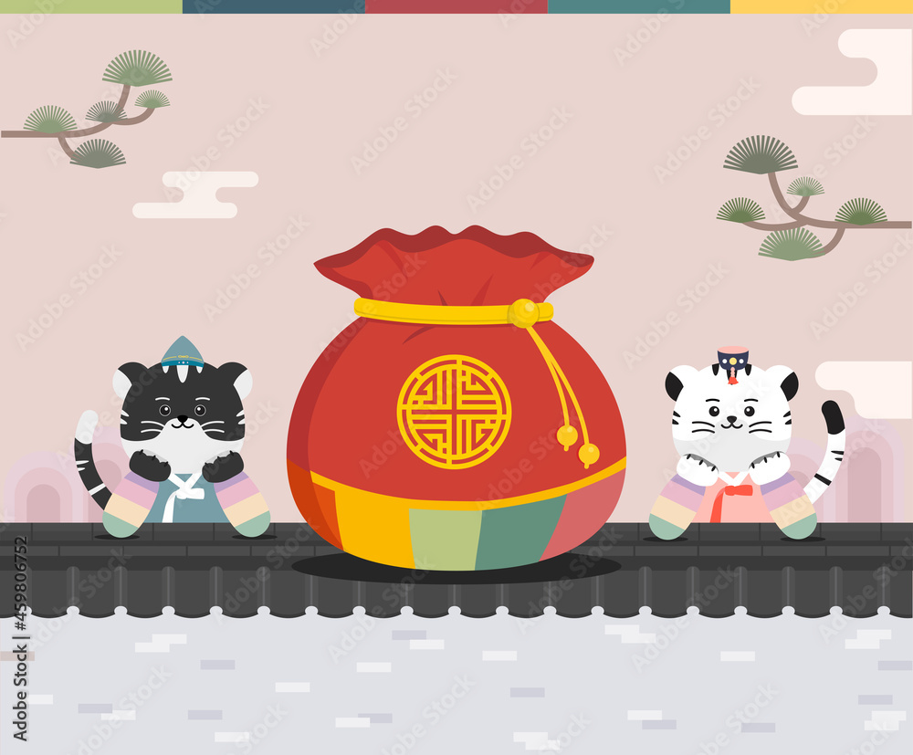 lucky bag and a tiger on the roof illustration set. lucky bag, tiger ...