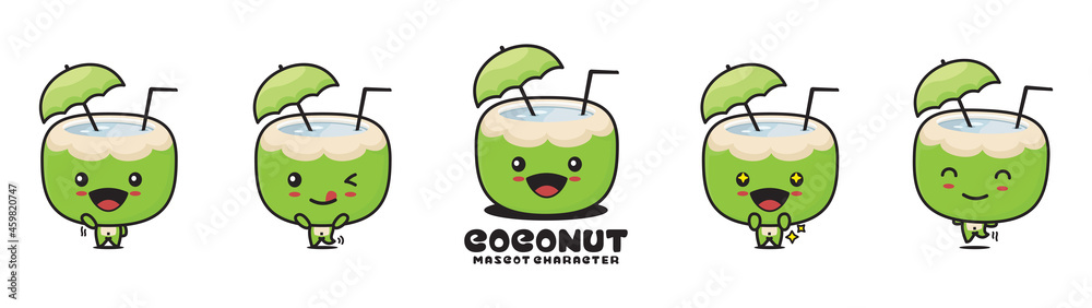 cute coconut mascot, natural drink cartoon illustration, with different ...