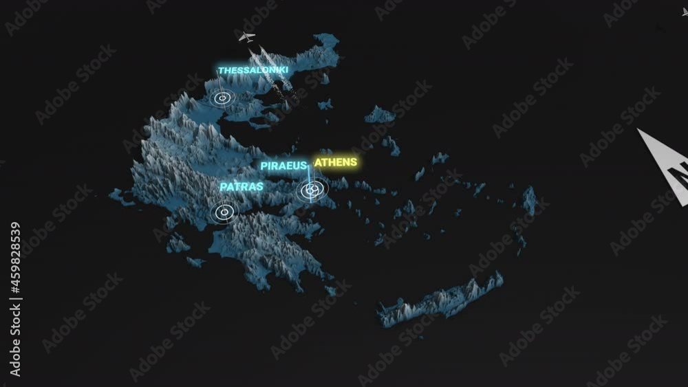 Seamless looping animation of the 3d terrain map at nighttime of Greece ...