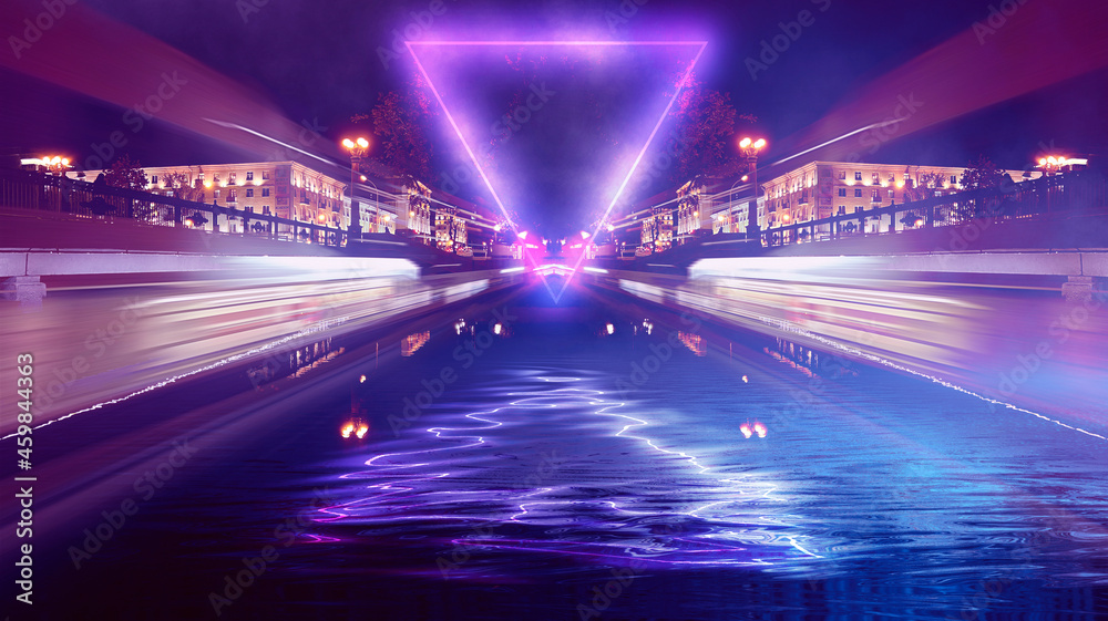 Abstract night futuristic neon city. Illuminated neon tunnel, corridor ...