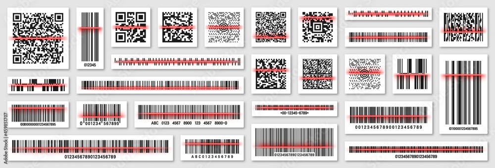 Vetor de Product barcodes and QR codes with red scanning line ...