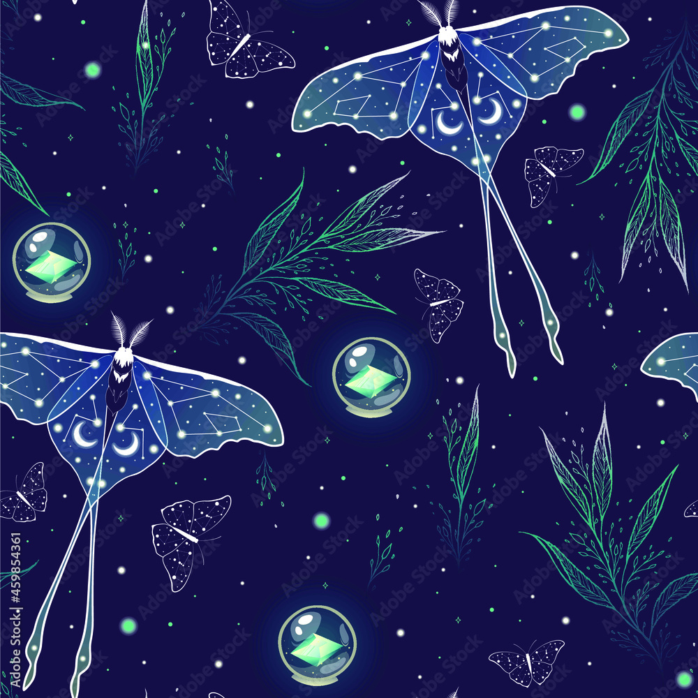 Seamless pattern butterflies in the starry sky. Night butterfly and ...