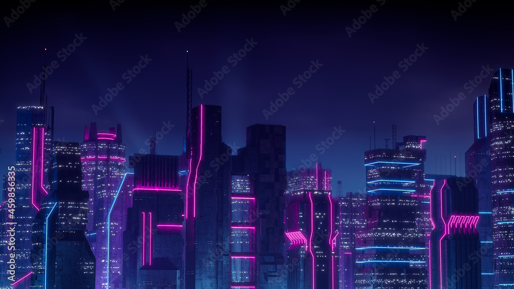 Cyberpunk Cityscape with Blue and Pink Neon lights. Night scene with ...
